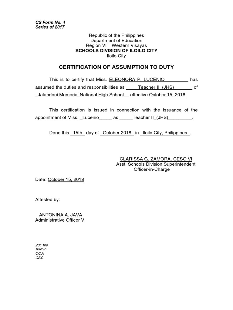 CS Form No. 4 Certification of Assumption To Duty | PDF