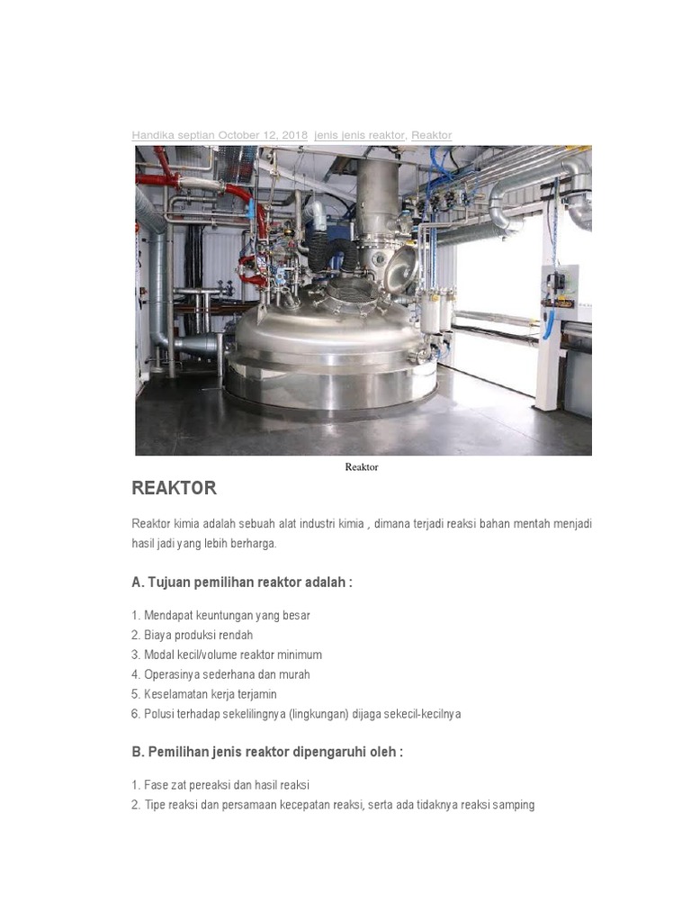 Jenis-Jenis Reaktor Kimia | PDF | Teknologi & Rekayasa
