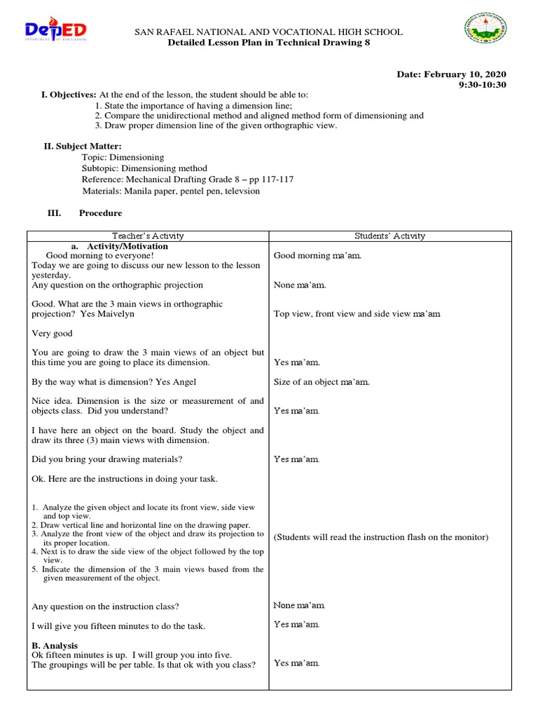 Technical Drawing Lesson Plan: Dimensioning | PDF | Teaching Methods ...