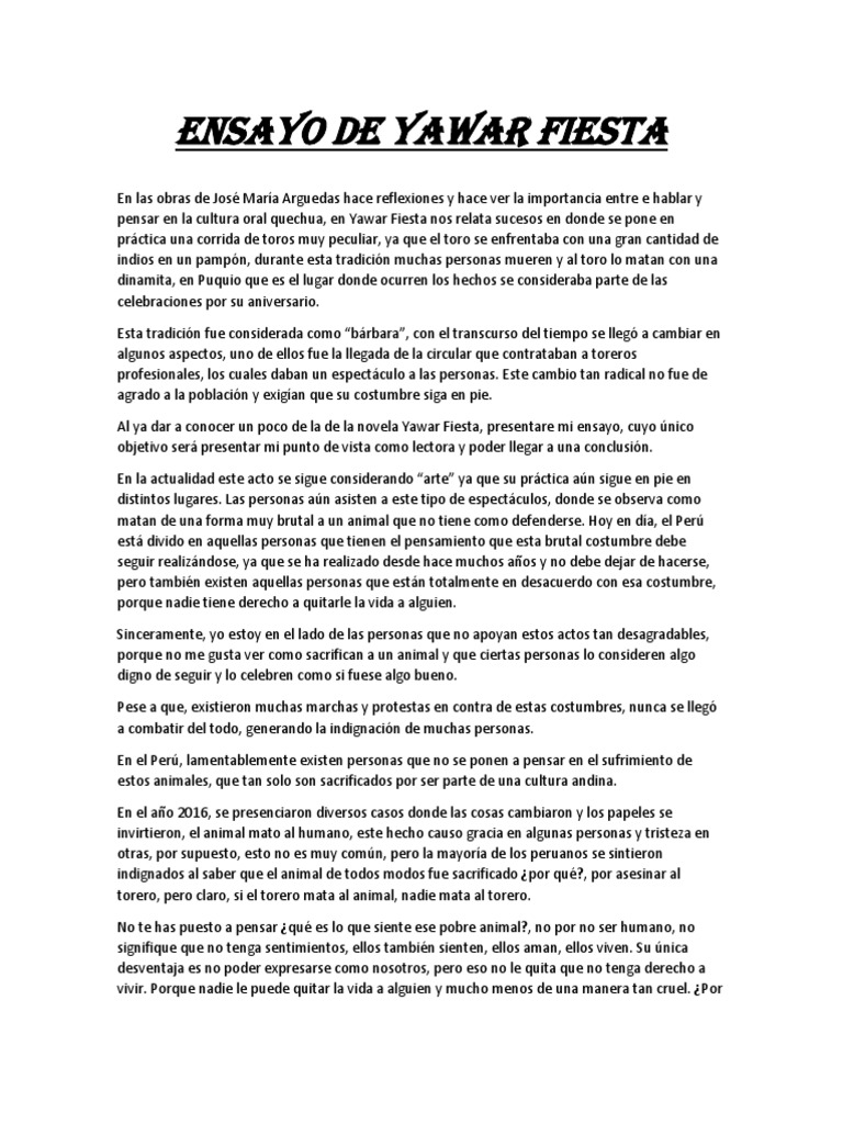 Ensayo de Yawar Fiesta | PDF
