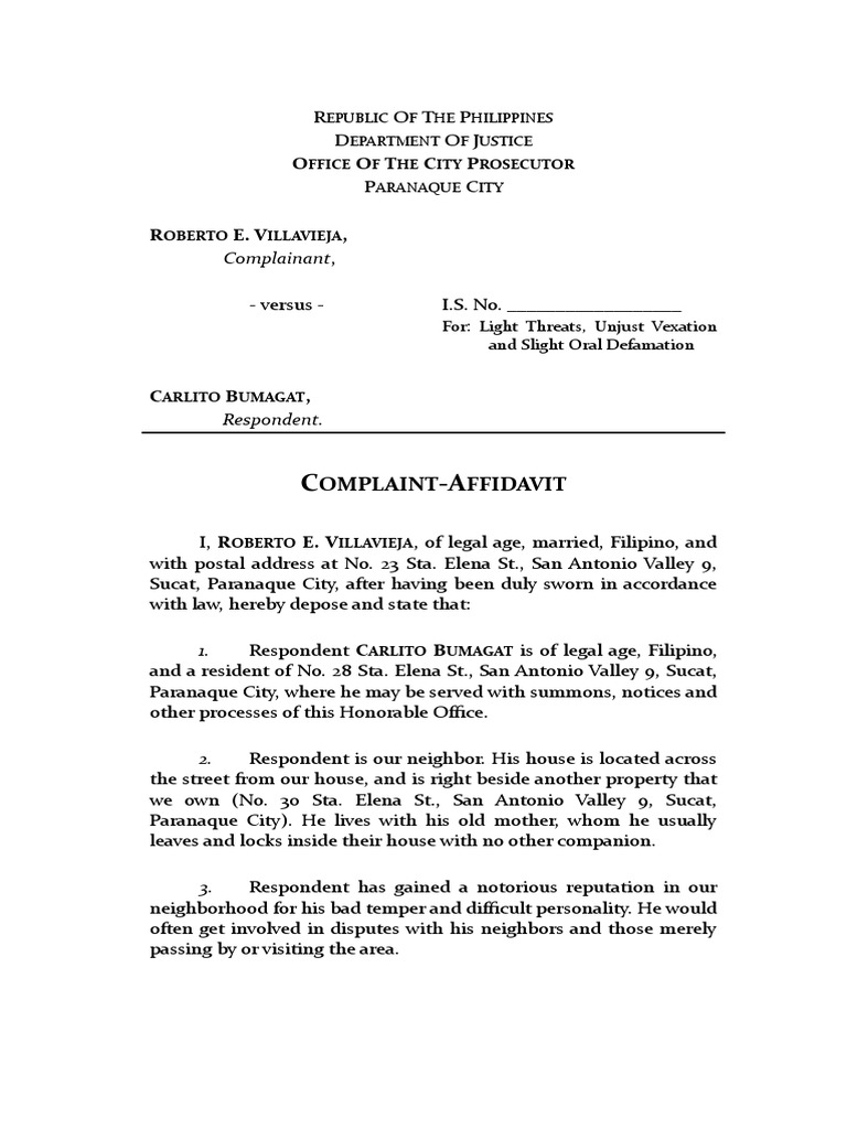 Sample Unjust Vexation, Grave Threats Complaint | PDF