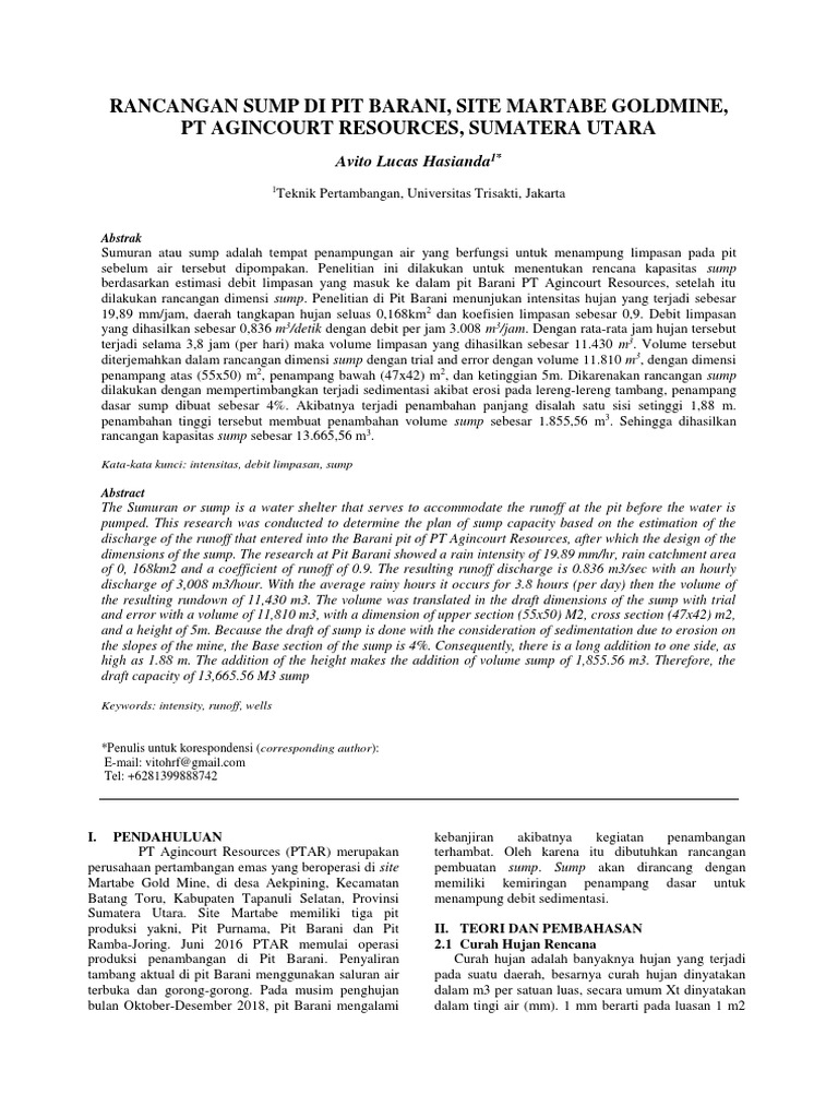 Rancangan Sump di Pit Barani Martabe | PDF