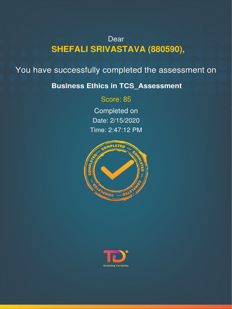 Business Ethics in TCS - Assessment - Completion - Certificate PDF | PDF