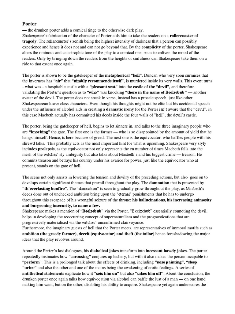 Macbeth - Porter Character Analysis | PDF