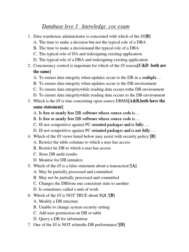 Database Leve 3 Knowledge Coc Exam-1 | PDF