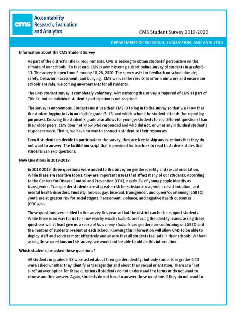 CMS Student Survey 2018-2019 - General Information | PDF