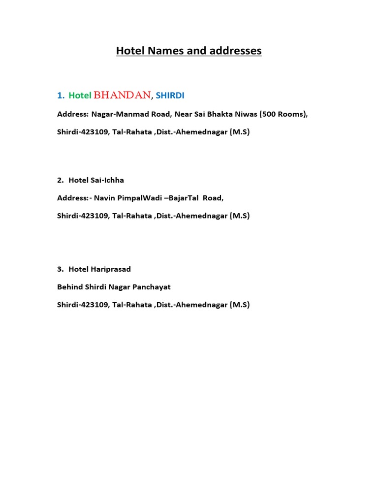 Hotel Names and Addresses | PDF