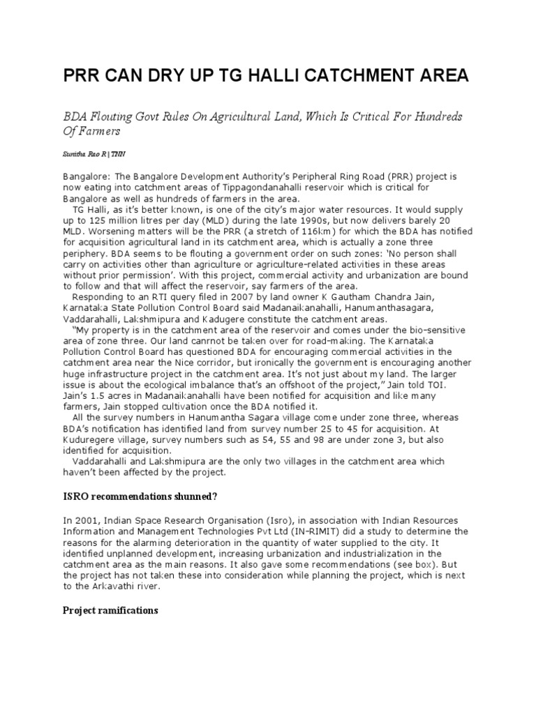 PRR Project Threatens Crucial TG Halli Reservoir | PDF | Natural Environment | Environment