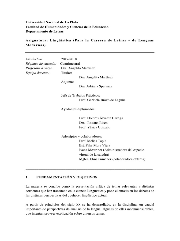 Programa de Lingüística 2018 (UNLP, FAHCE) | PDF