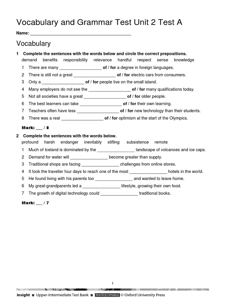 Vocabulary & Grammar Test Unit 2 Test A | PDF