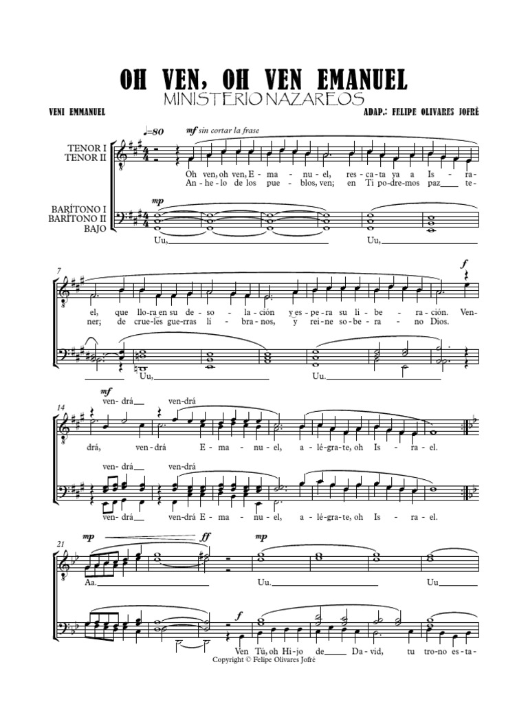 OH VEN, OH VEN EMANUEL - TTBB - Partitura Completa 2 | PDF