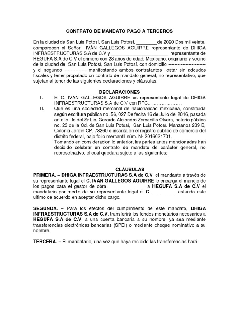 Contrato de Mandato Pago A Terceros | PDF | Finanzas y dinero