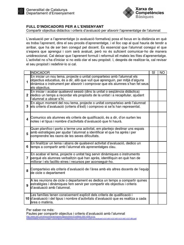 Full Indicadors Compartir Objectius I Criteris Avaluacio | PDF