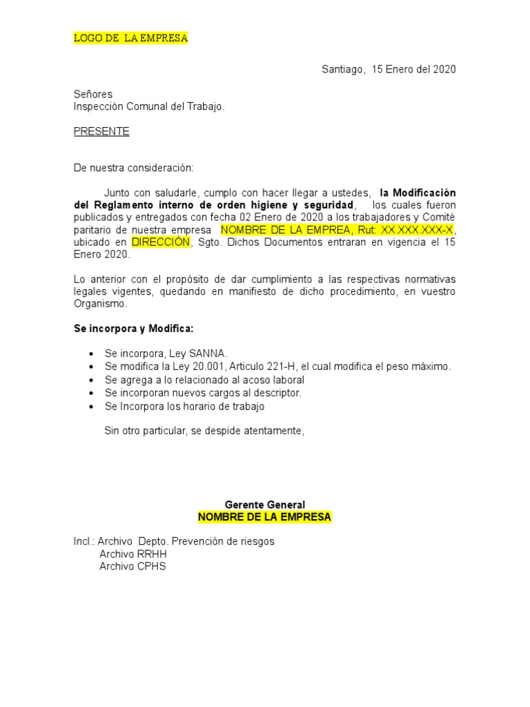 Cartas A DT, SEREMI y ACHS, RIOHS 2020 v0 | PDF