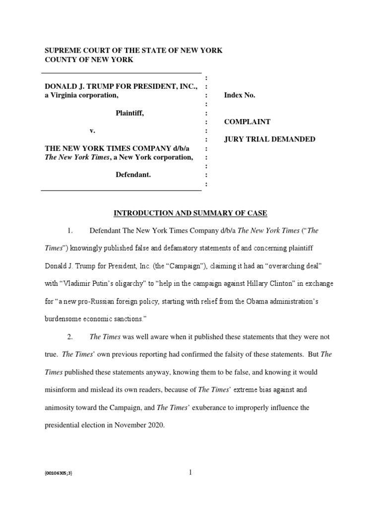 Draft NYT Complaint (NY State Court) | PDF