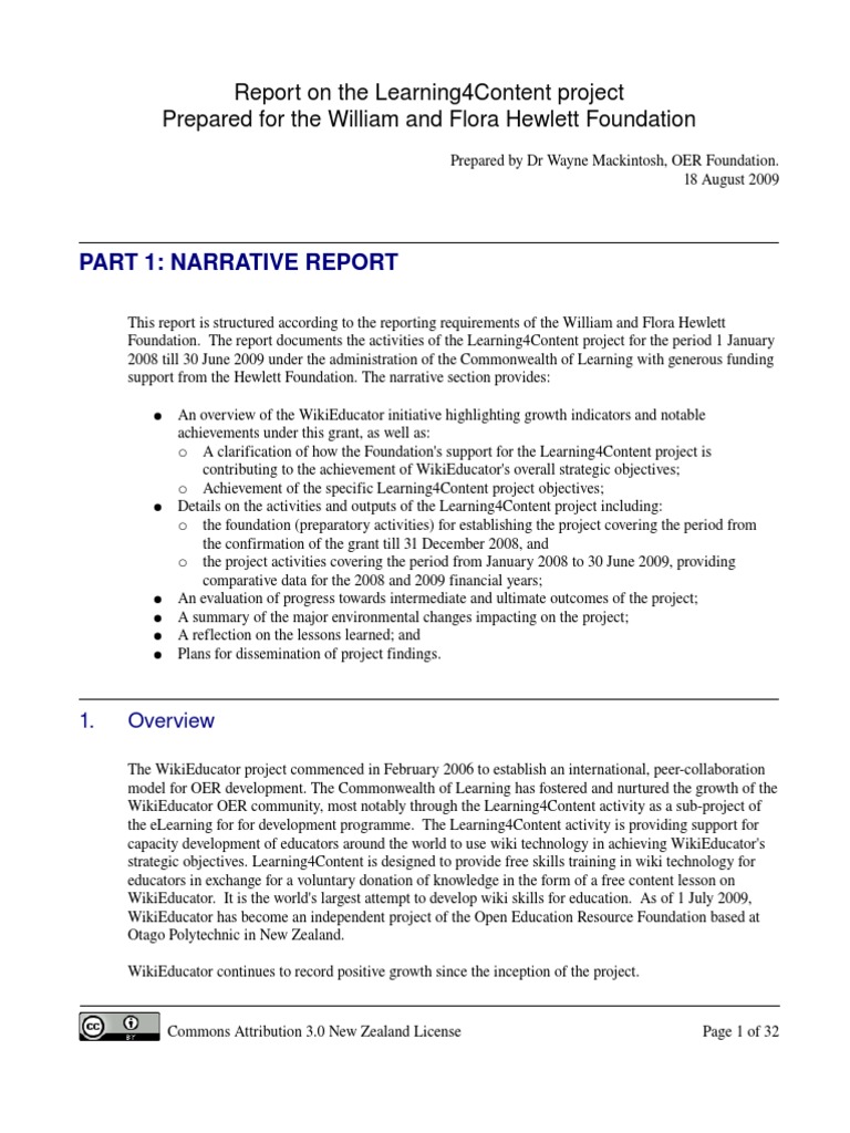 Report On The Learning4Content Project Prepared For The William and ...