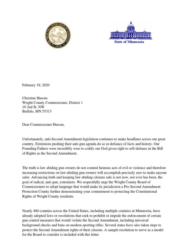 Pro-Second Amendment Protection Letters to Five Wright County Commissioners