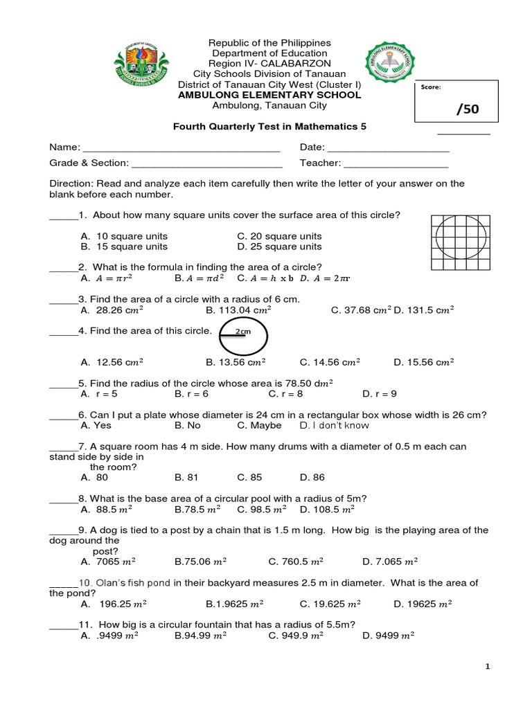 Unified Test in Math 5 4TH Quarter | PDF