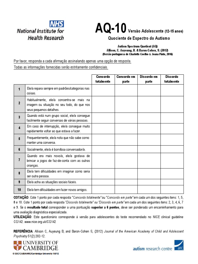 AQ10 Adolescent Portuguese PDF | PDF | Artes Linguísticas e Disciplina ...