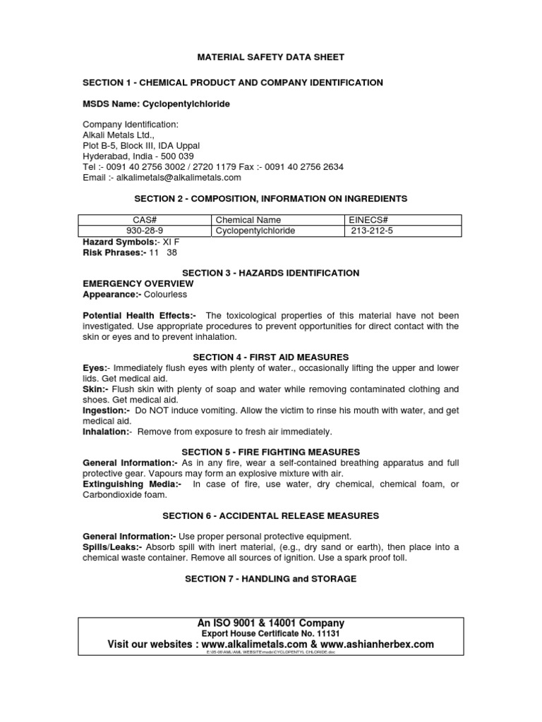 Cyclopentyl Chloride MSDS Document | PDF | Dangerous Goods | Water