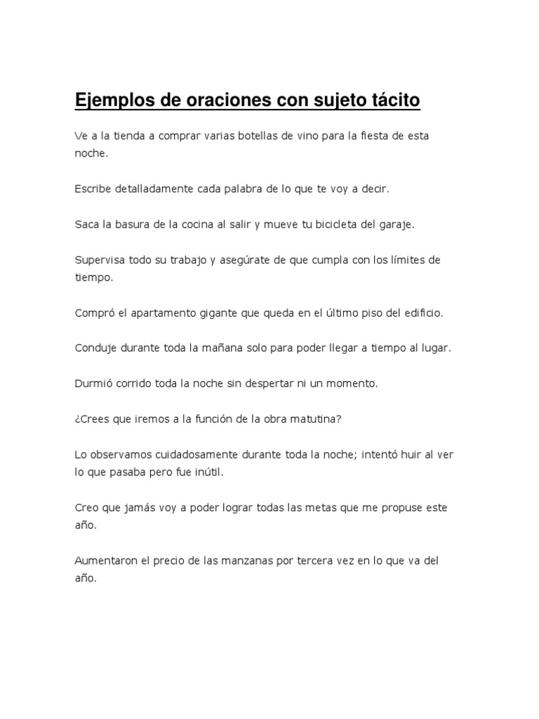 Ejemplos de Oraciones Con Sujeto Tácito | PDF