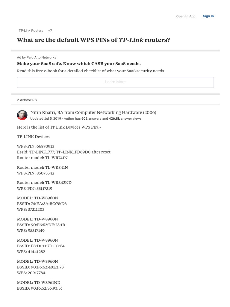 What Are The Default WPS PINs of TP-Link Routers - Quora | PDF