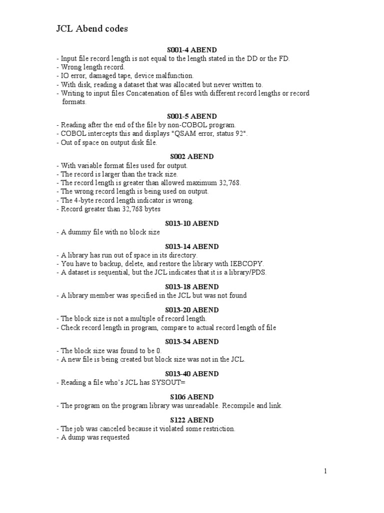 JCL Abend Codes | PDF | Computer Architecture | Operating System Technology