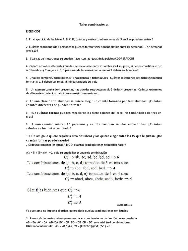 Taller Combinaciones Grado 4 | PDF