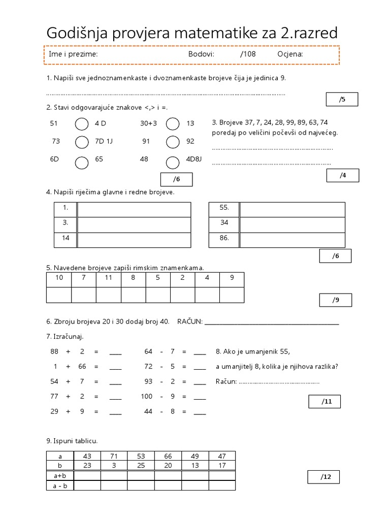 Godišnji 2.razred Matematika | PDF