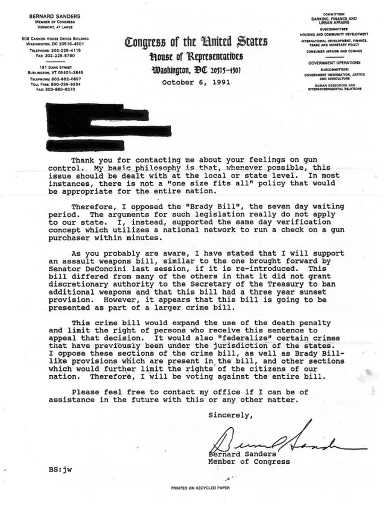 Bernie Sanders 1991 Letter | PDF
