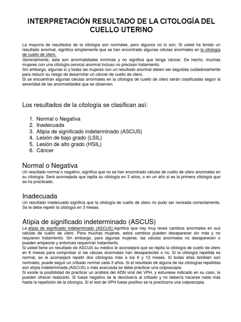Interpretación Resultado de La Citología Del Cuello Uterino | PDF