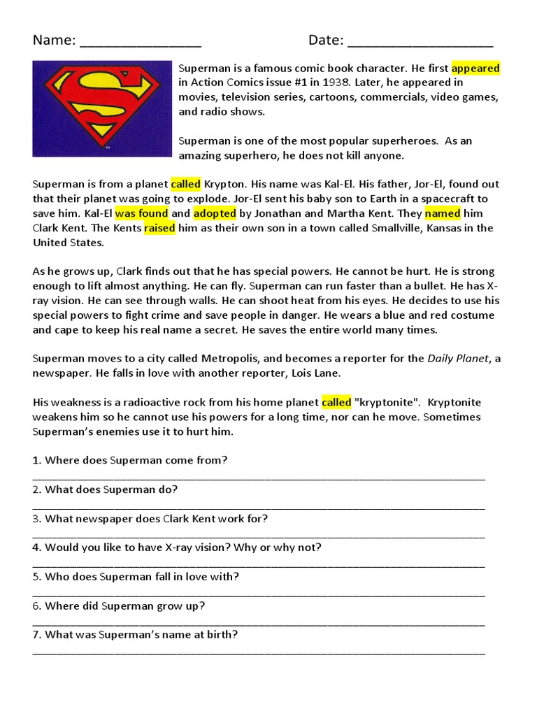 Superman Reading Comprehension Exercises - 119157 | PDF