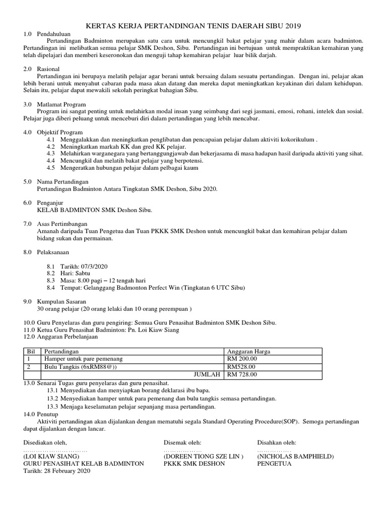 SMK Deshon Badminton Tournament 2020 Planning Document | PDF