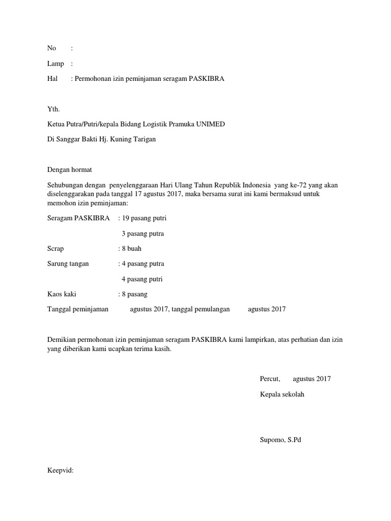 Surat Izin Peminjaman Baju Paskib | PDF Surat Izin Peminjaman Baju Paskib | PDF