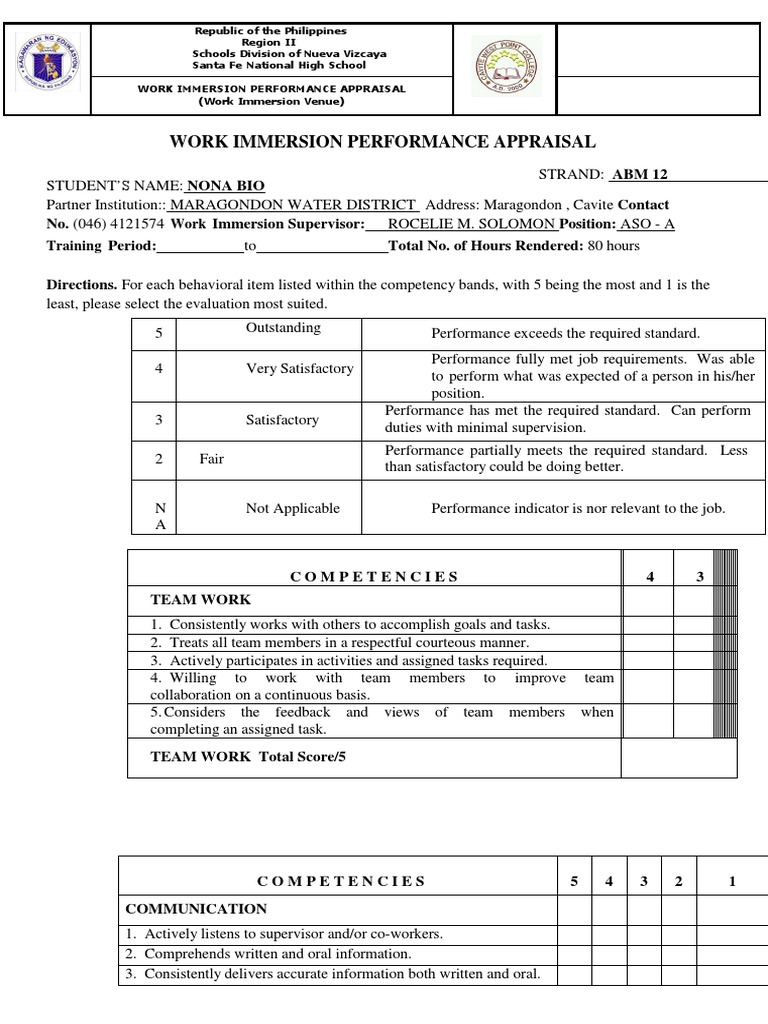 Work Immersion Appraisal | PDF | Performance Appraisal | Psychological Resilience