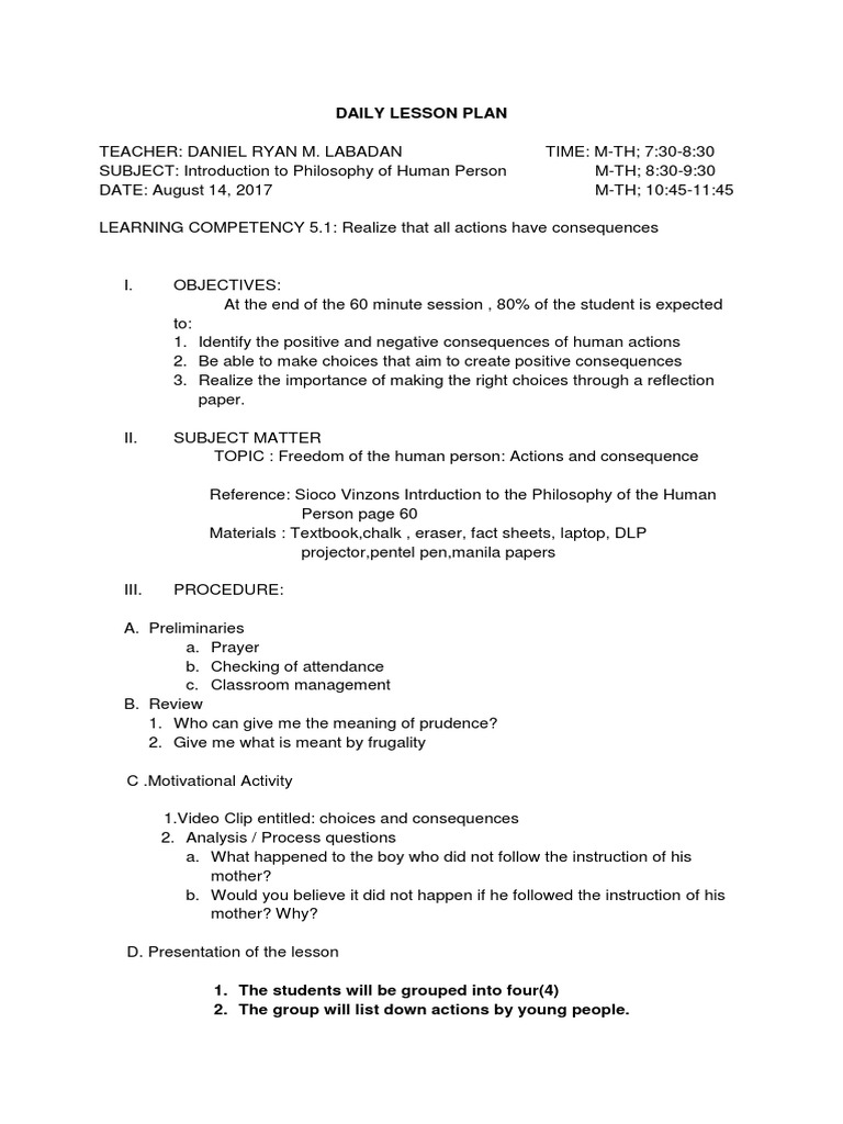 Actions and Consequences in Philosophy | PDF | Lesson Plan | Behavior ...