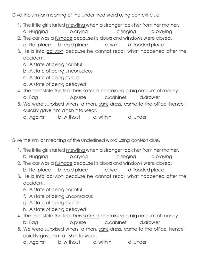 Give The Similar Meaning of The Underlined Word Using Context Clue | PDF