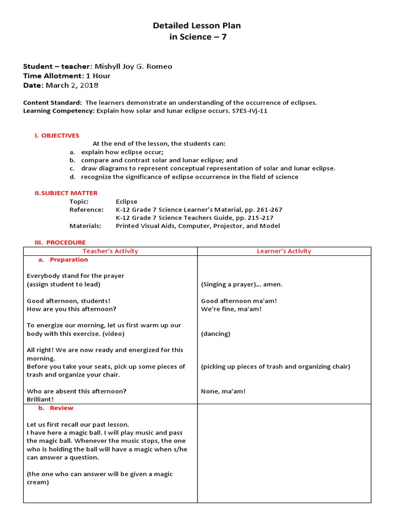 Detailed Lesson Plan | PDF | Eclipse | Shadow