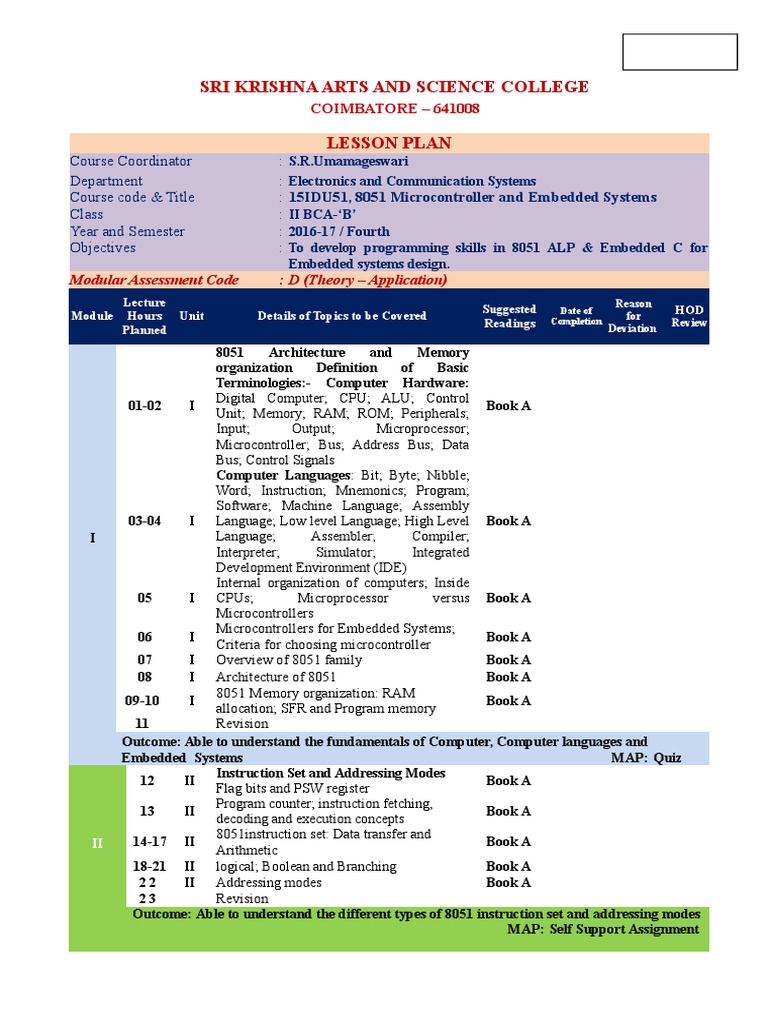 8051 MC Idc Lesson Plan-Bca-B | PDF | Central Processing Unit | Microcontroller