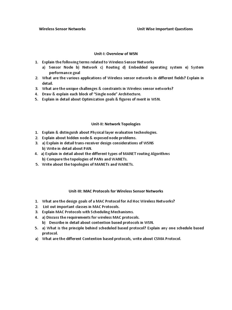 WSN Unit-Wise Imp. Questions | PDF | Wireless Ad Hoc Network | Wireless Sensor Network