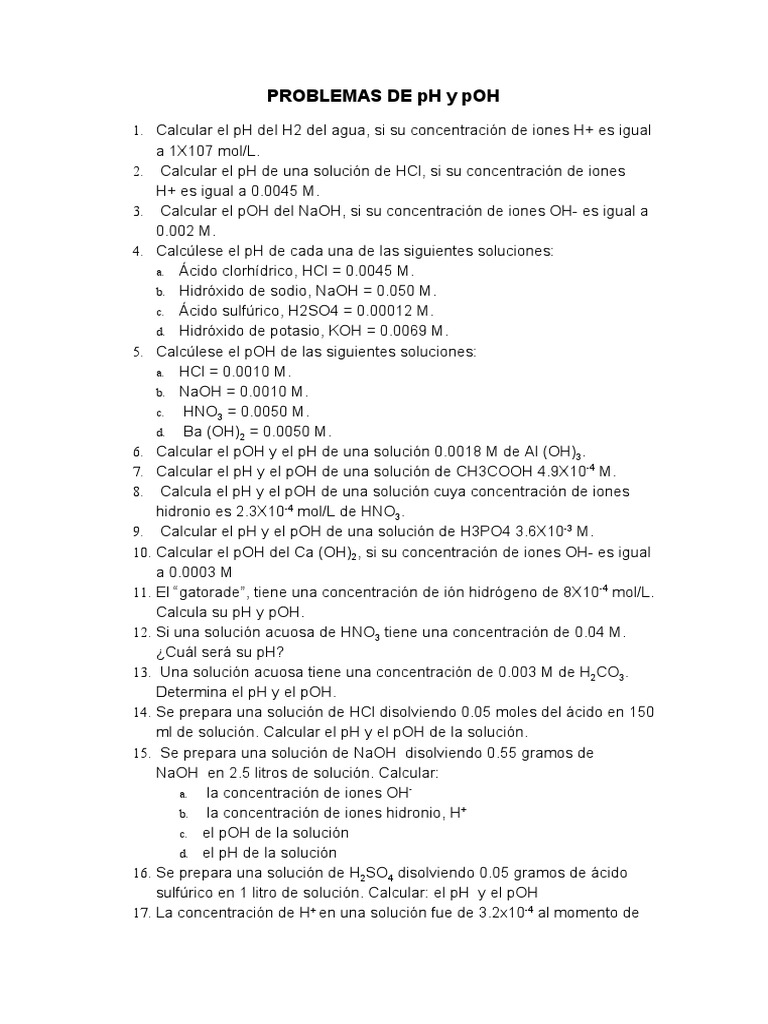 Cálculos de pH y pOH para diversas soluciones ácidas y básicas | PDF | Ph | Ácido clorhídrico