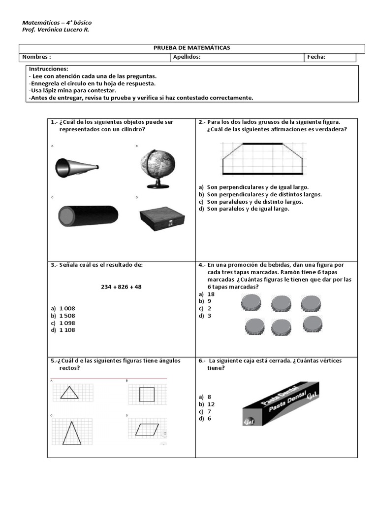 Prueba de Matemáticas 4° Básico | PDF | Euro