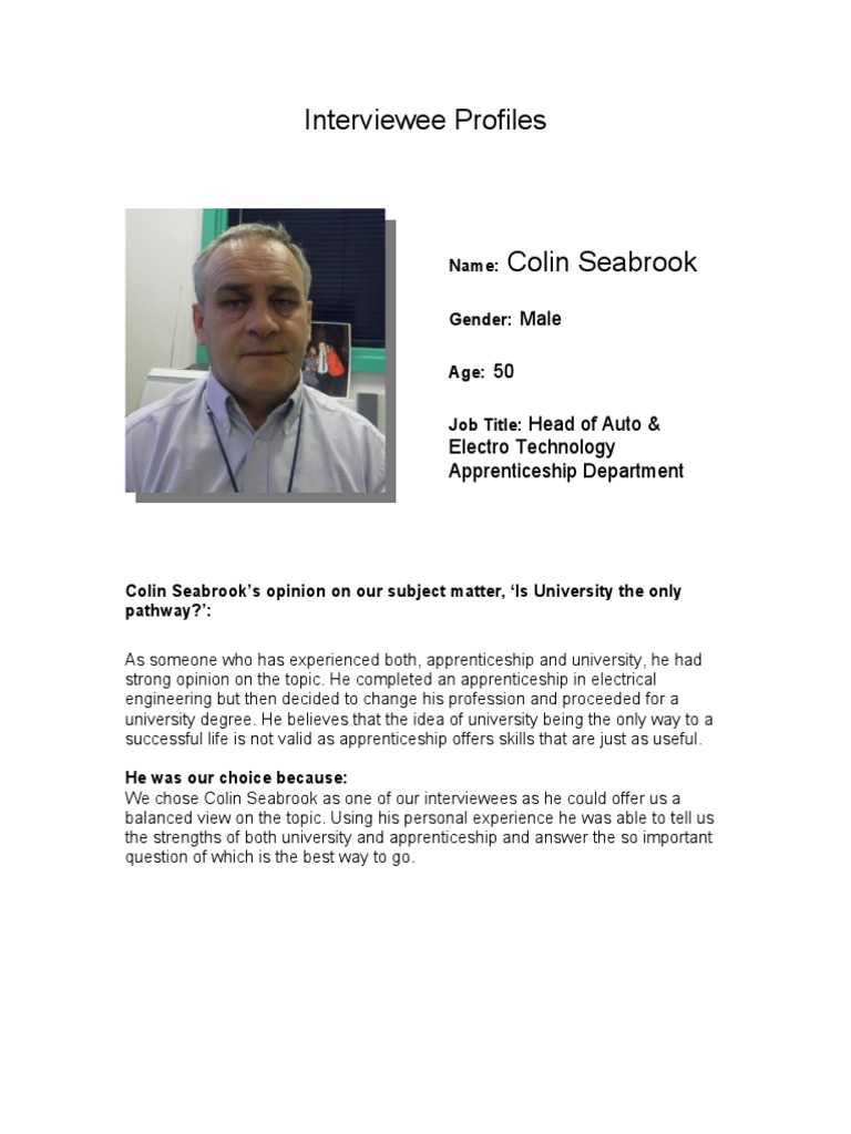 Interviewee Profiles: Name: Gender: Age: Job Title | PDF ...