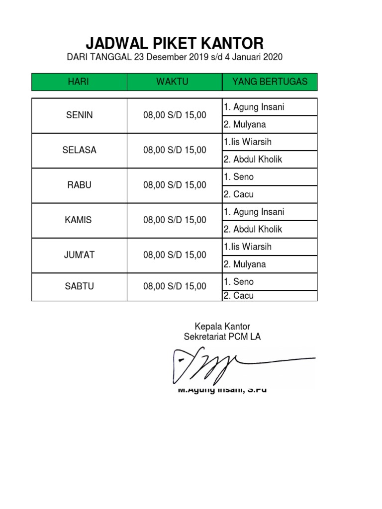 Jadwal Piket Kantor | PDF
