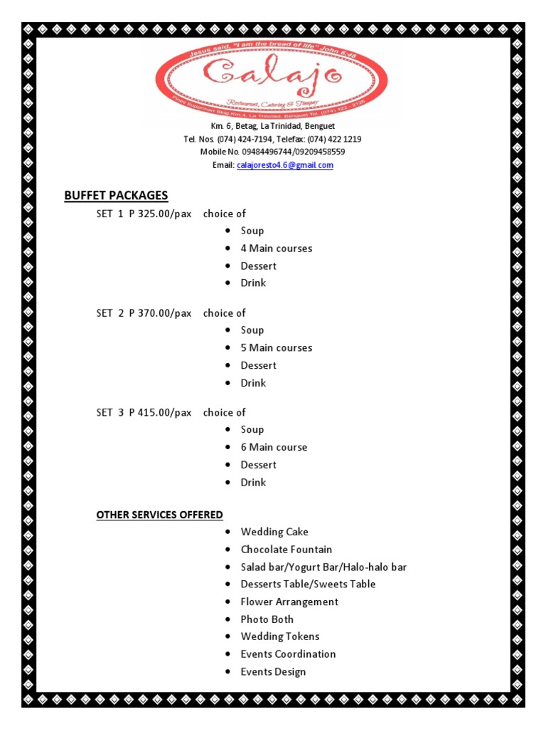 BUFFET PACKAGE MENU Calajo | PDF | Soup | Sauce