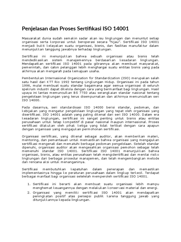 Penjelasan Dan Proses Sertifikasi ISO 14001 | PDF