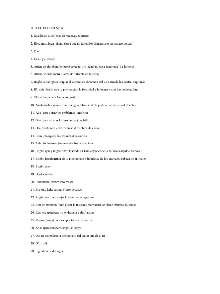 Ingredientes del EBBó para Ritual | PDF | Cocina, comidas y vino