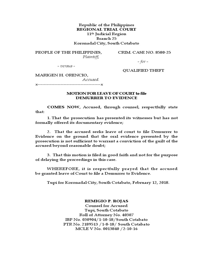 Motion For Leave of Court Demurrer To Evidence | PDF | Demurrer ...