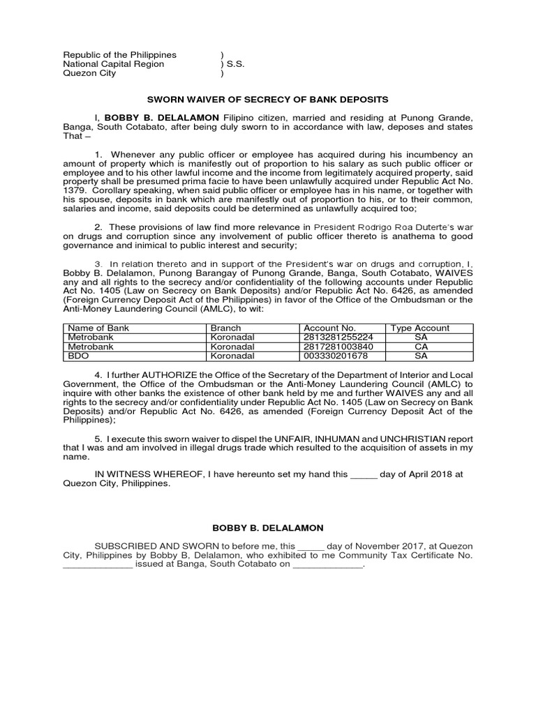 Waiver Of Bank Secrecy Pdf President Of The Philippines World