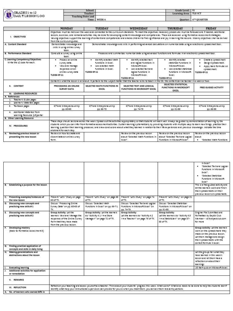 Grade 6 TLE-ICT Lesson Plan | PDF | Microsoft Excel | Educational ...